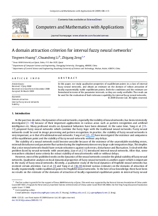 Pdf A Domain Attraction Criterion For Interval Fuzzy Neural Networks