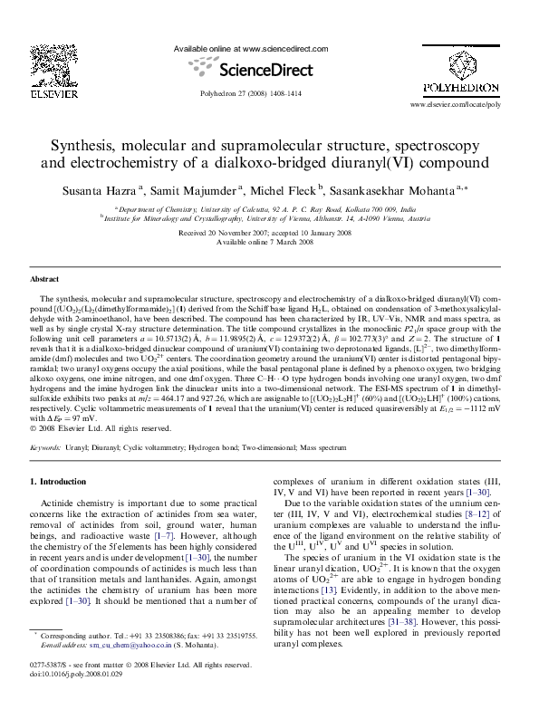 (PDF) Synthesis, molecular and supramolecular structures, electrochemistry and magnetic ...