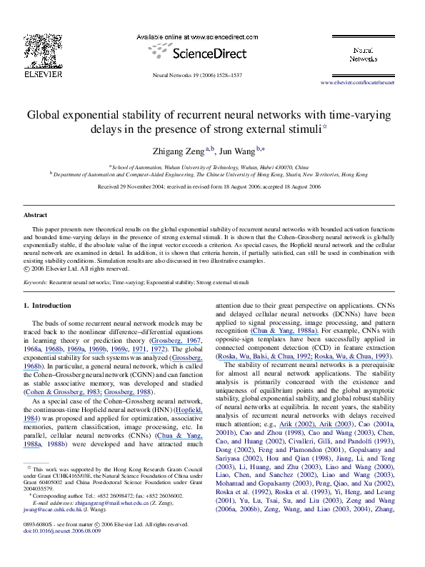 (PDF) Global exponential stability of recurrent neural networks for synthesizing linear feedback ...
