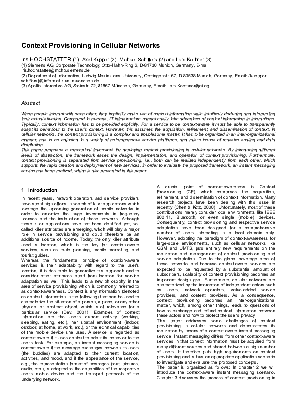 (PDF) Context Provisioning In Cellular Networks