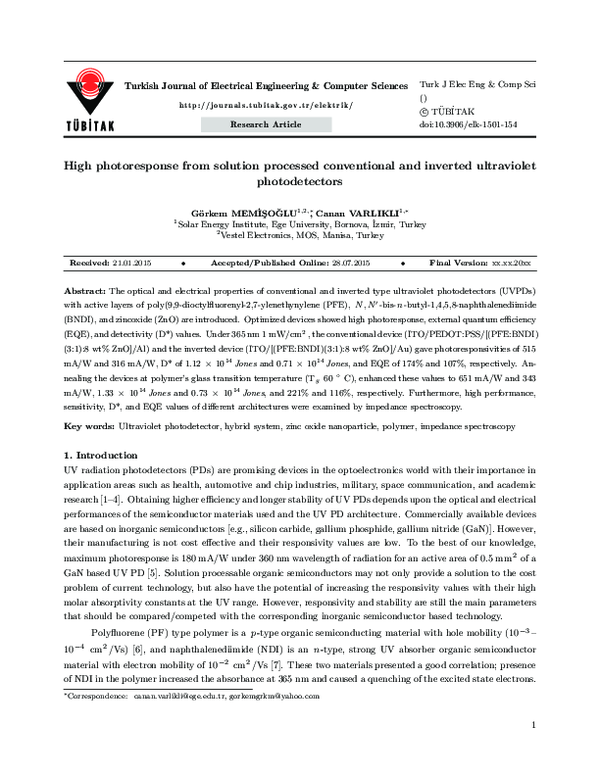 (PDF) High photoresponse from solution processed conventional and inverted ultraviolet ...