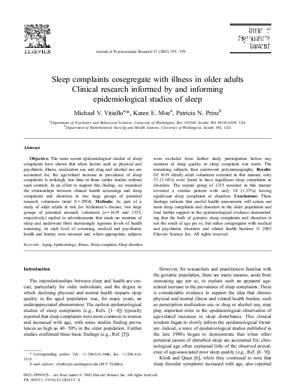 (PDF) Sleep complaints cosegregate with illness in older adults