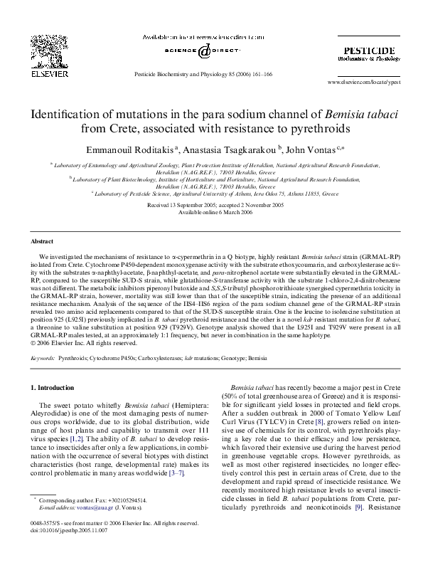 (PDF) Identification of mutations in the para sodium channel of Bemisia tabaci from Crete ...