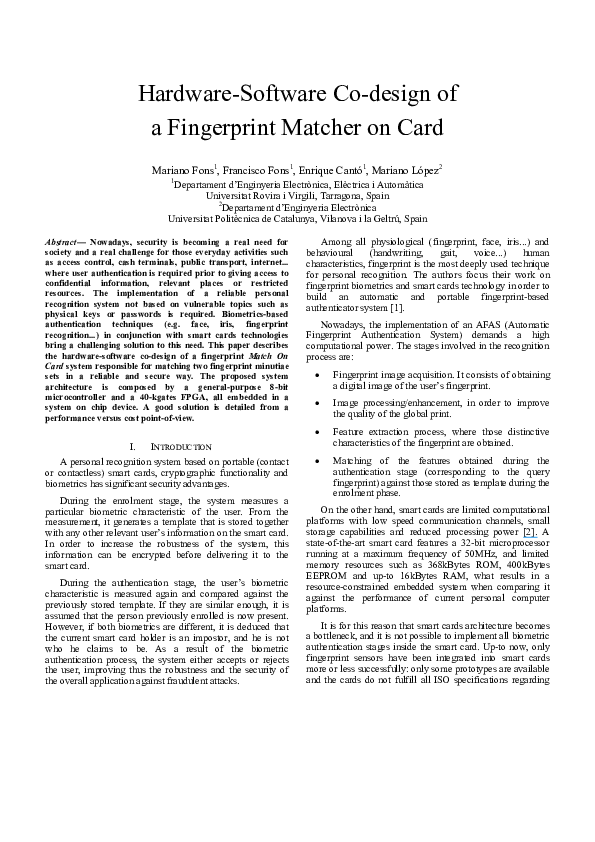 (PDF) Hardware-Software Co-design of a Fingerprint Matcher on Card
