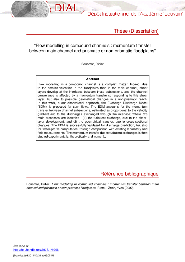 (PDF) "Flow modelling in compound channels : momentum transfer between ...