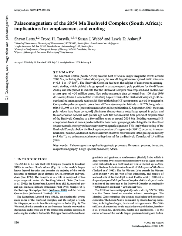 (PDF) Palaeomagnetism of the 2054 Ma Bushveld Complex (South Africa ...