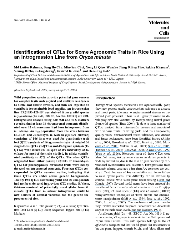 (PDF) Identification of QTLs for some agronomic traits in rice using an introgression line from ...