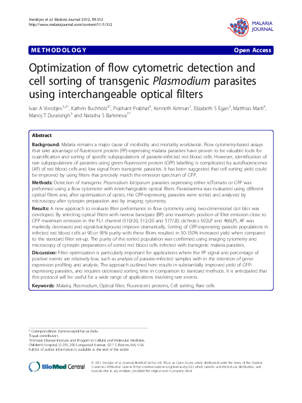 Pdf Optimization Of Flow Cytometric Detection And Cell Sorting Of Transgenic Plasmodium