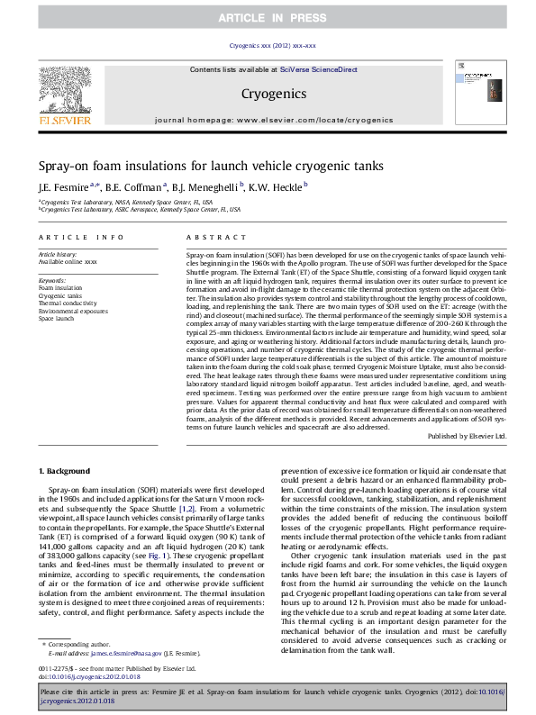 (PDF) Spray-on foam insulations for launch vehicle cryogenic tanks