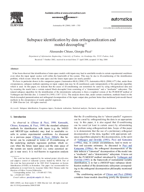 (PDF) Subspace identification by data orthogonalization and model ...