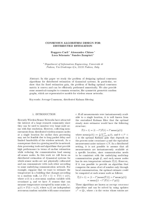 Pdf Consensus Algorithm Design For Distributed Estimation