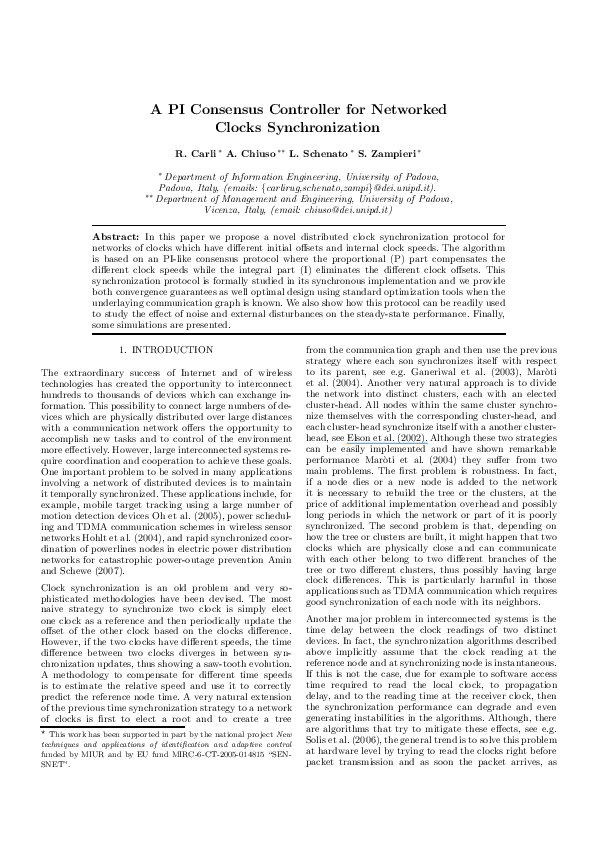 Pdf A Pi Consensus Controller For Networked Clocks Synchronization