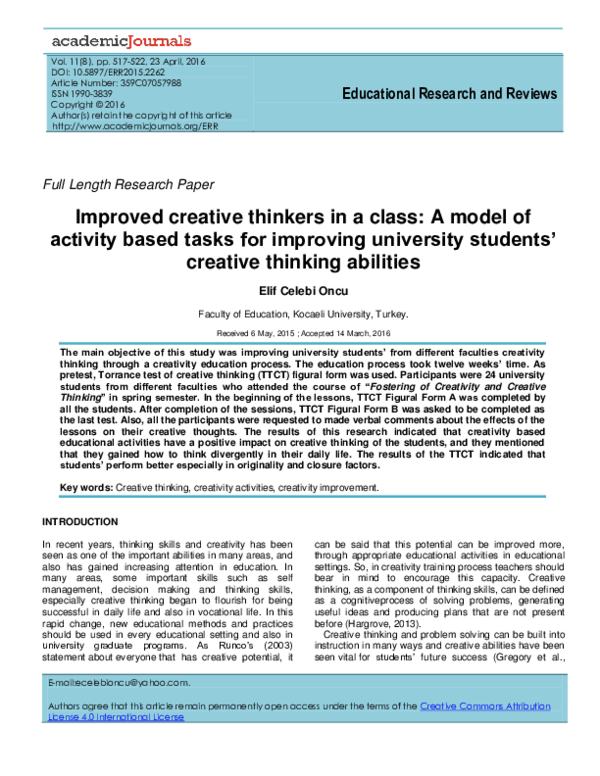 (PDF) Educational Research and Reviews Improved creative thinkers in a ...