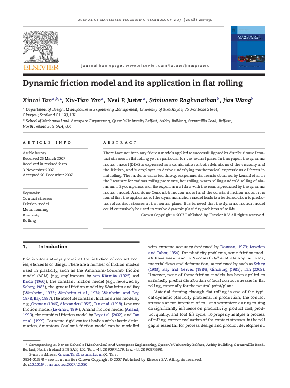 Pdf Dynamic Friction Model And Its Application In Flat Rolling Neal Juster