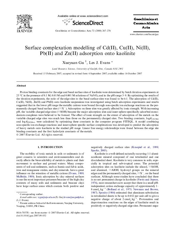 (PDF) Surface complexation modelling of Cd(II), Cu(II), Ni(II), Pb(II) and Zn(II) adsorption ...