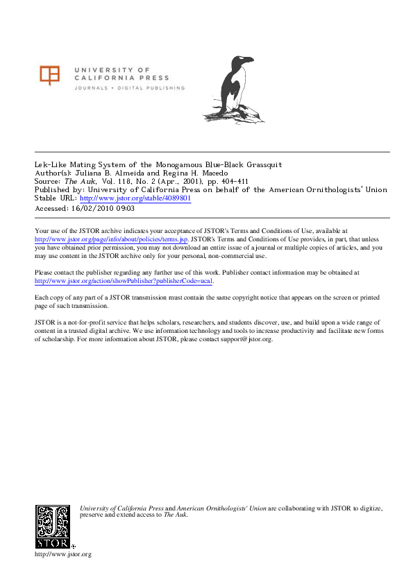 (PDF) LEK-LIKE MATING SYSTEM OF THE MONOGAMOUS BLUE-BLACK GRASSQUIT