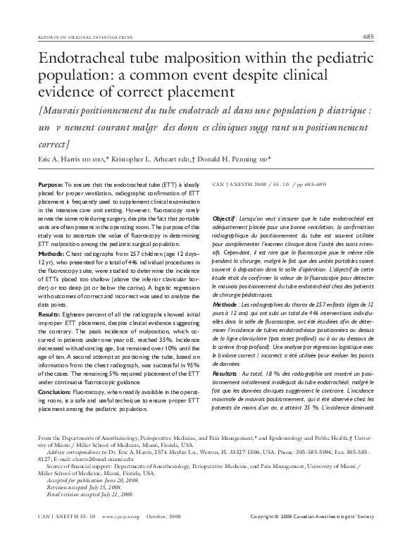 (PDF) Endotracheal tube malposition within the pediatric population: a ...
