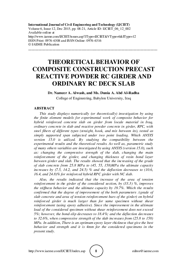 (PDF) THEORETICAL BEHAVIOR OF COMPOSITE CONSTRUCTION PRECAST REACTIVE POWDER RC GIRDER AND ...