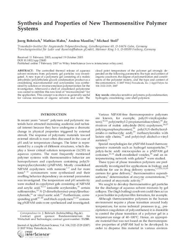 (PDF) Synthesis and properties of new thermosensitive polymer systems