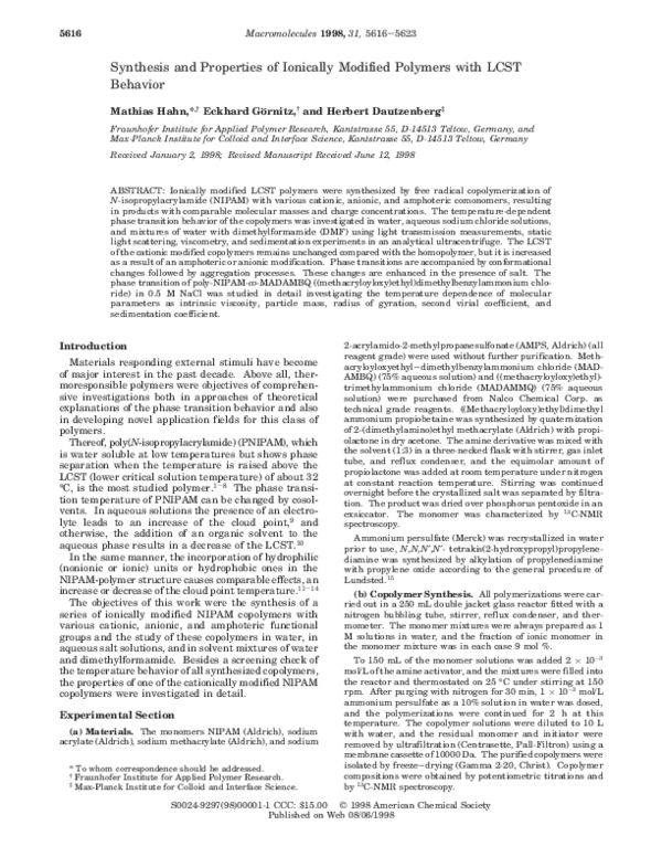 (PDF) Synthesis and Properties of Ionically Modified Polymers with LCST ...