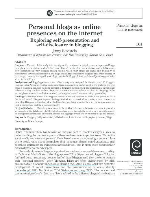 (PDF) Personal blogs as online presences on the internet