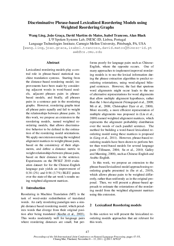 Pdf Discriminative Phrase Based Lexicalized Reordering Models Using Weighted Reordering Graphs