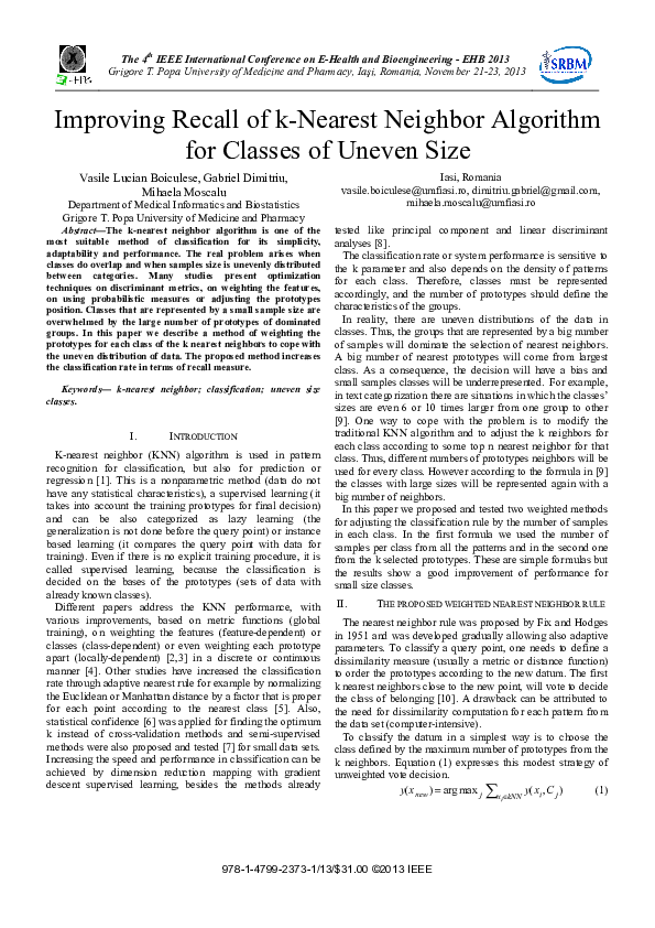 Pdf Improving Recall Of K Nearest Neighbor Algorithm For Classes Of Uneven Size