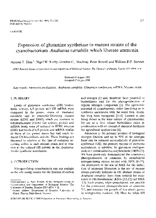 (PDF) Expression of glutamine synthetase in mutant strains of the ...