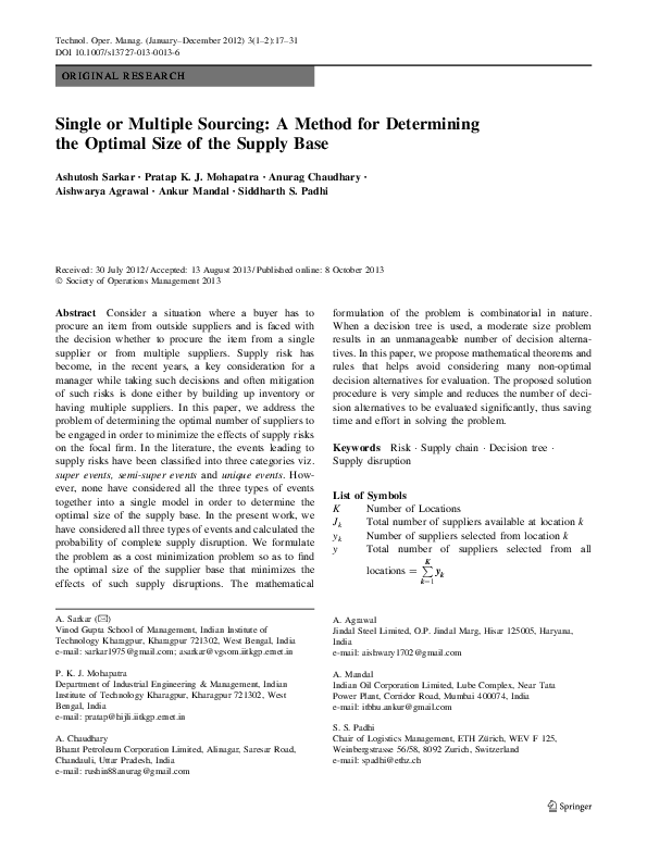 (PDF) Single or Multiple Sourcing: A Method for Determining the Optimal ...