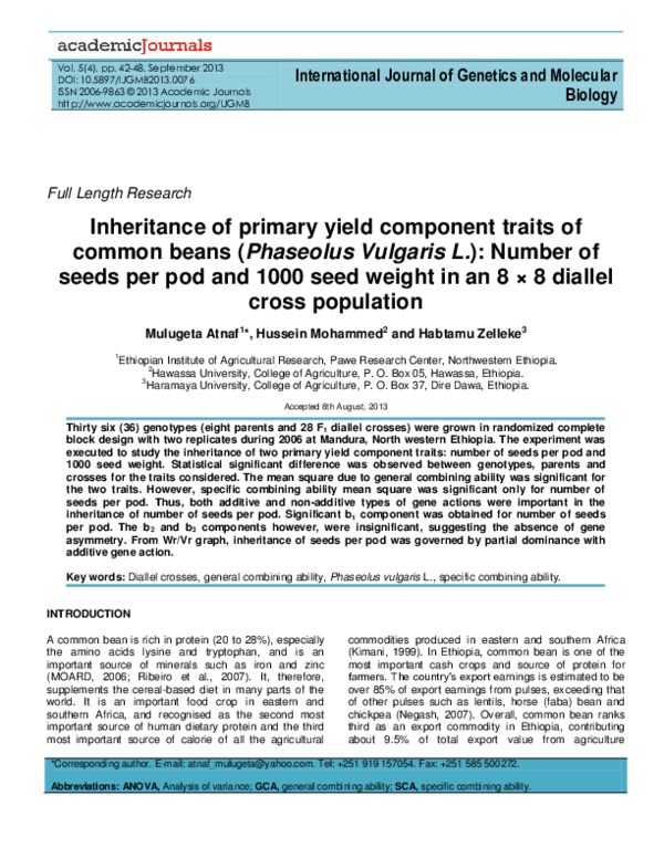 Pdf Inheritance Of Primary Yield Component Traits Of Common Beans