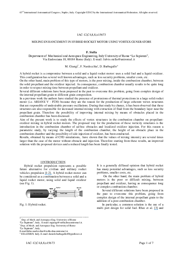 (PDF) Mixing enhancement in hybrid rocket motor using vortex generators