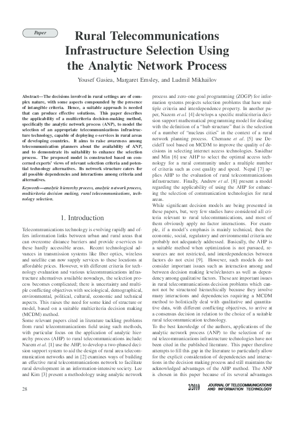 (PDF) Rural Telecommunications Infrastructure Selection Using the Analytic Network Process