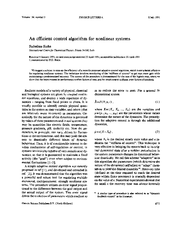 Pdf An Efficient Control Algorithm For Nonlinear Systems