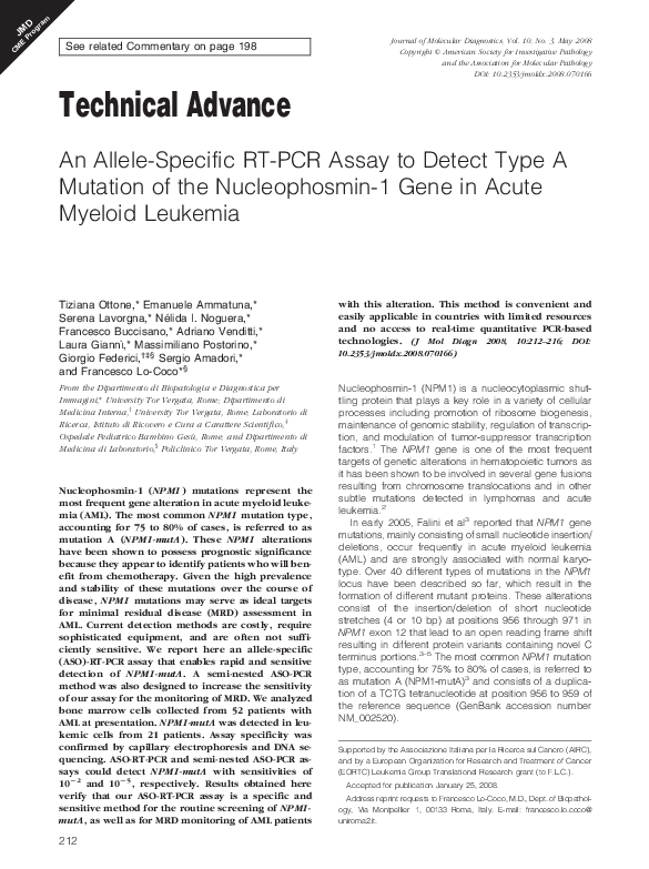 (PDF) Acute Myeloid Leukemia with Concomitant BCR-ABL and NPM1 Mutations | Tiziana Ottone ...