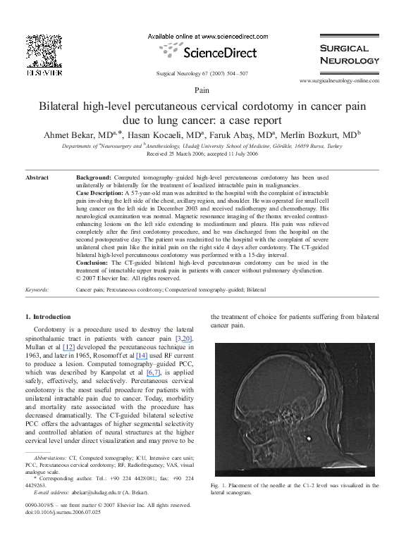 (PDF) Bilateral high-level percutaneous cervical cordotomy in cancer ...