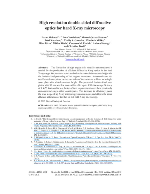 (PDF) High resolution double-sided diffractive optics for hard X-ray microscopy