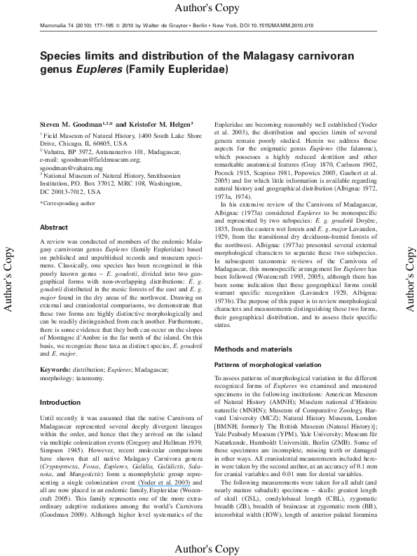 (PDF) Species limits and distribution of the Malagasy carnivoran genus ...