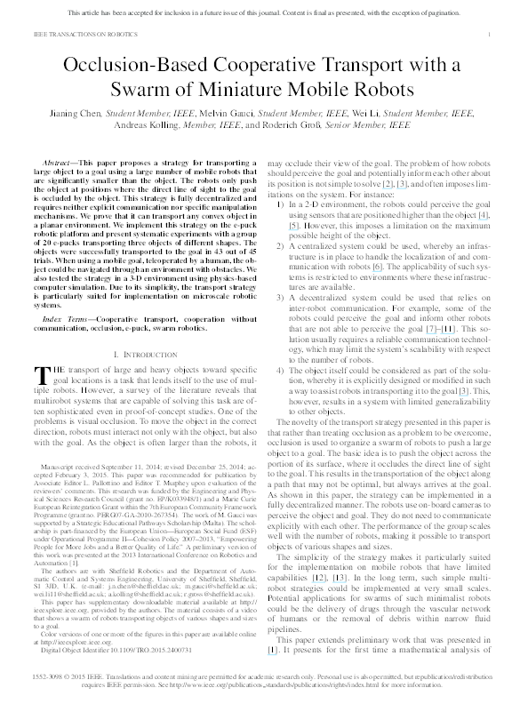 Pdf Occlusion Based Cooperative Transport With A Swarm Of Miniature