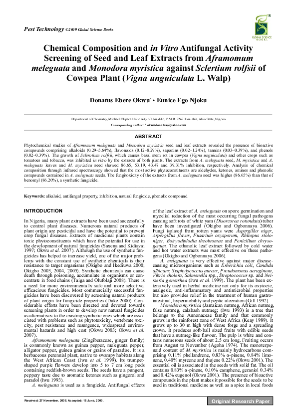 Chemical Composition and in Vitro Antifungal Activity Screening of Seed and Leaf Extracts from ...