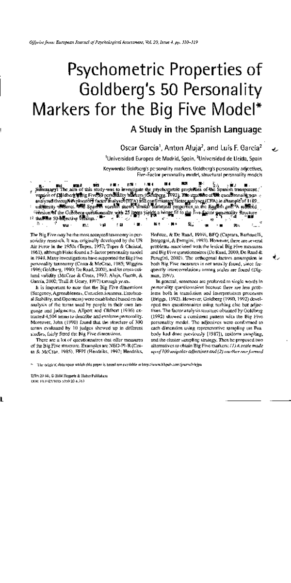 (PDF) Psychometric Properties of Goldberg's 50 Personality Markers for ...