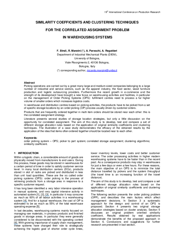 Pdf Similarity Coefficients And Clustering Techniques For The Correlated Assignment Problem In