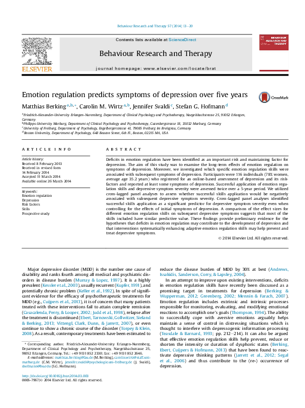 (PDF) Emotion regulation predicts symptoms of depression over five years
