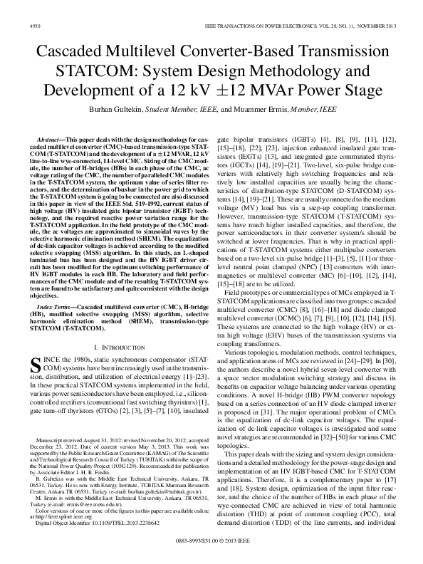Pdf Cascaded Multilevel Converter Based Transmission Statcom System Design Methodology And 