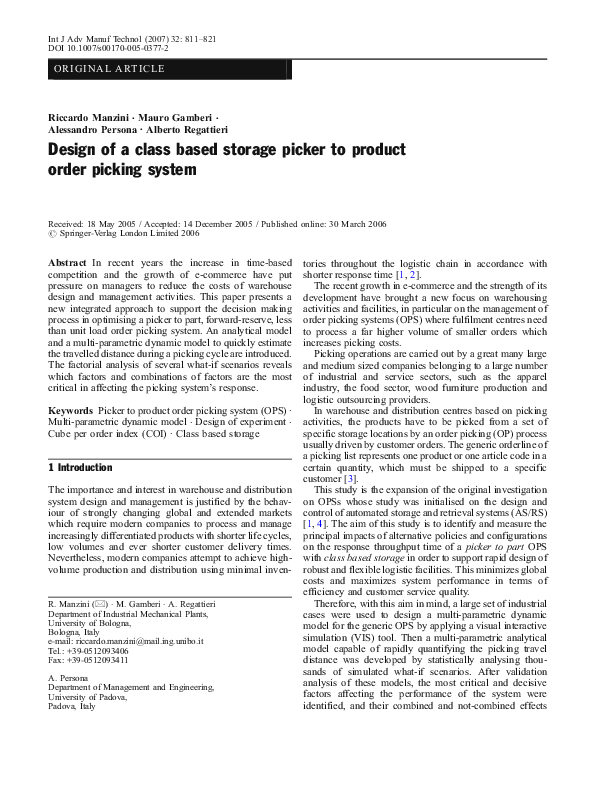 (PDF) Design of a class based storage picker to product order picking ...