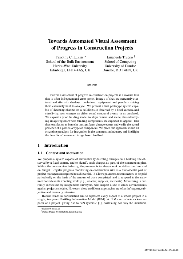 (PDF) Towards Automated Visual Assessment of Progress in Construction ...