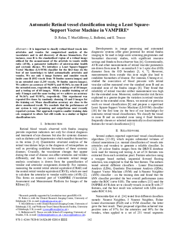 (PDF) Automatic retinal vessel classification using a Least Square-Support Vector Machine in VAMPIRE