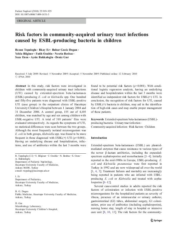 (PDF) Risk factors in community-acquired urinary tract infections caused by ESBL-producing ...