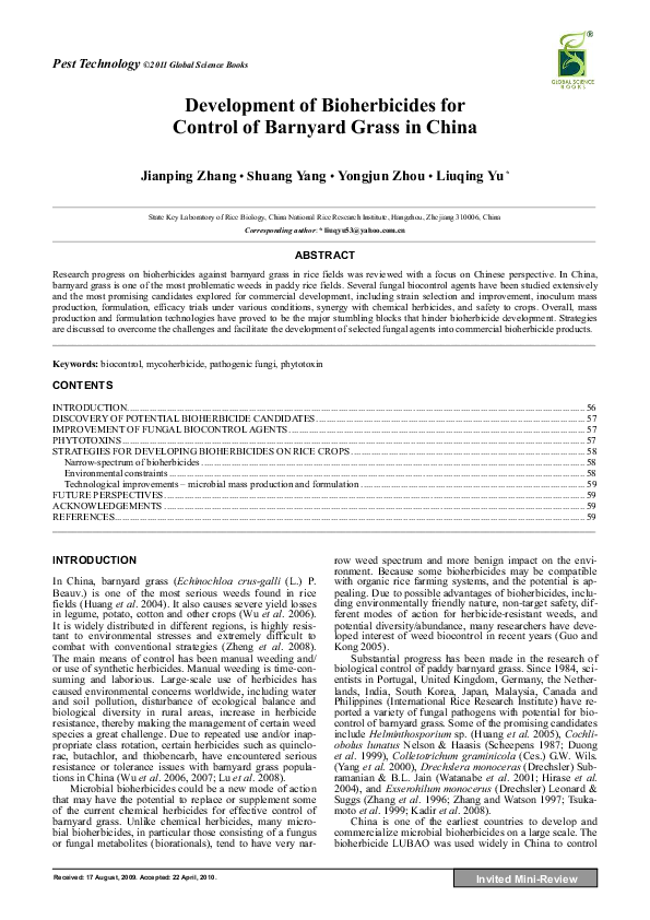Development of Bioherbicides for Control of Barnyard Grass in China ...