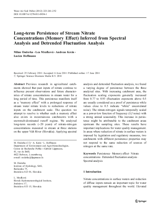 (PDF) Long-term Persistence of Stream Nitrate Concentrations (Memory Effect) Inferred from ...