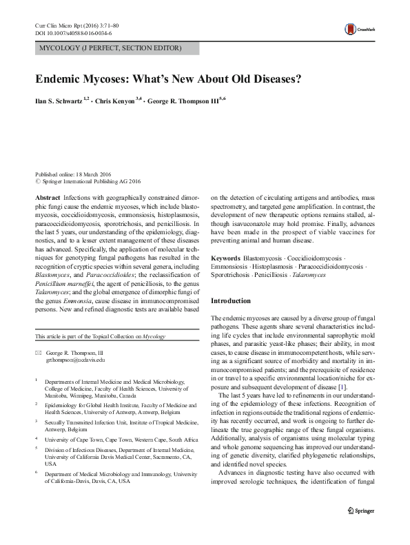 (PDF) Endemic Mycoses- What’s New About Old Diseases? | Chris Kenyon ...